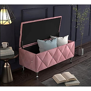 Pink Storage Ottoman Bench Foam-Padded Button Tufted Flip Top Velvet Seating|Sturdy Metal Legs Footrest Vanity Stool Coffee Table,Ultra Plush Rich Look,Size:18.9" H x 42" W x 18.3" D
