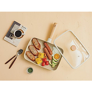 Neoflam FIKA 11inch 29cm Ivory IH Rectangular Brunchpan with Glass Lid, Impact Inductiion Heatin