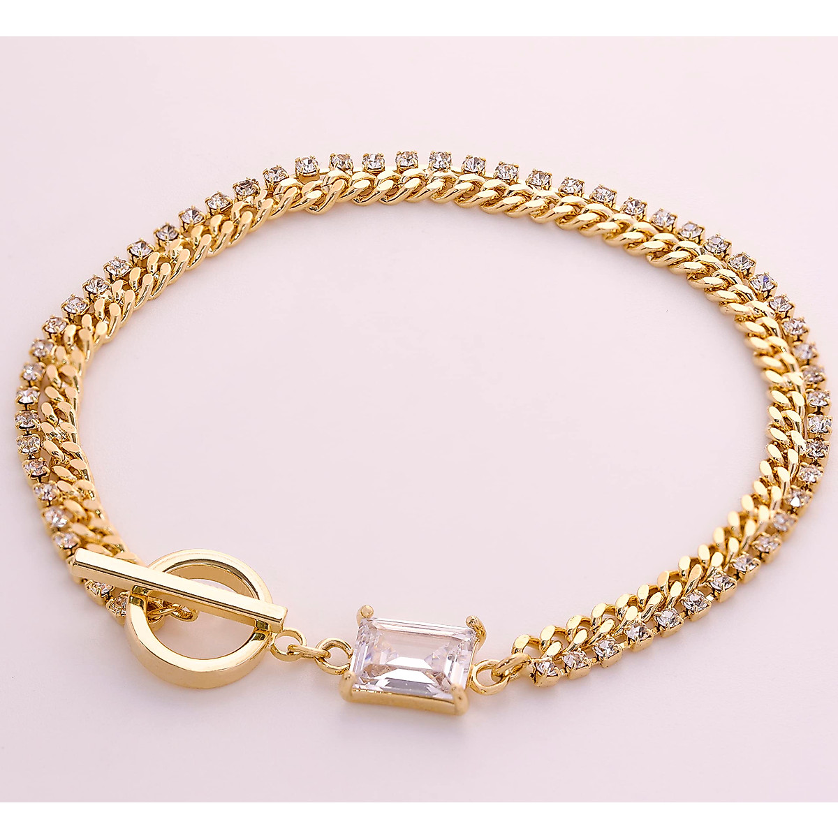 Teitze 18K Gold Plated Link Bracelets Zirconia Trendy Bracelet Dainty Chain Bracelet for Women Mother Gift (Emerald, Yellow Gold)