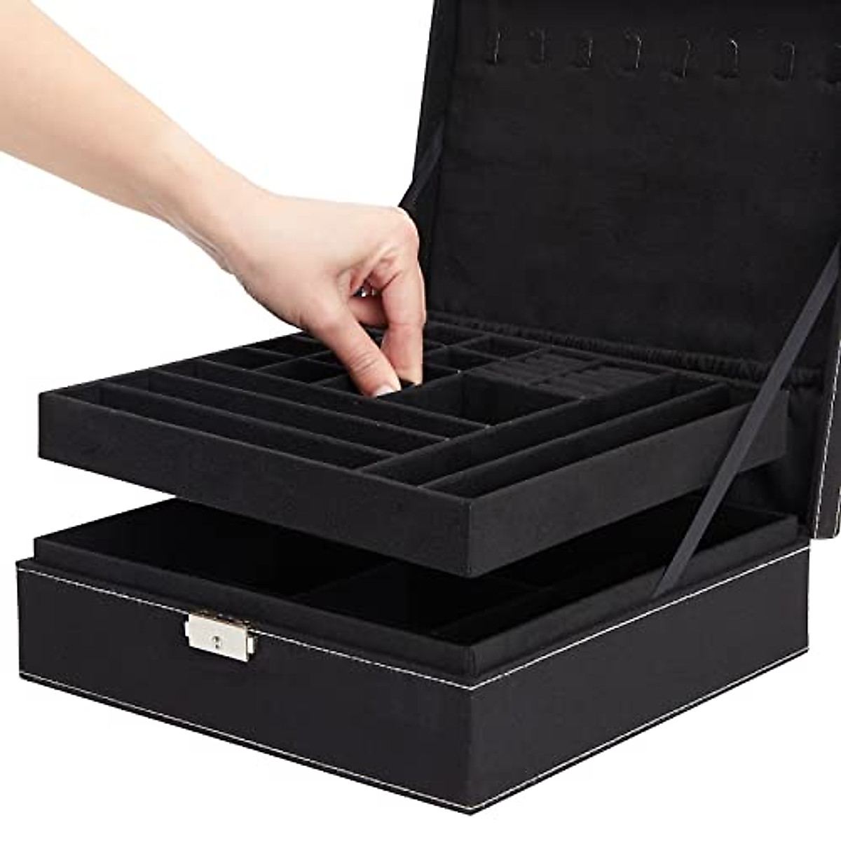 Black Jewelry Box with Lock and Key, 2 Layer Travel Display Case and Storage Organizer with Removable Tray for Earrings, Men, Girls, and Women (10.5x10.5x3.5 in)