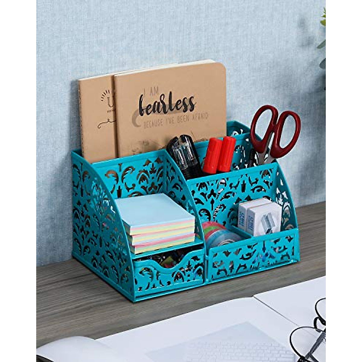 EasyPAG Desk Organizer Caddy with 6 Compartments and 1 Sliding Drawer Desktop Accessories Office Supplies Holder for Home School Classroom,Dark Teal