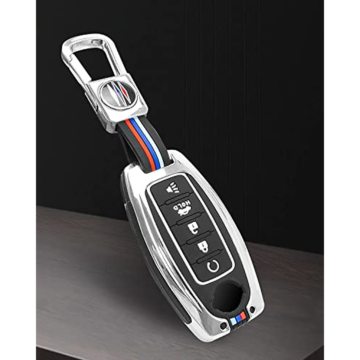 Key Fob Cover with Key Chain Only Fit for Nissan 5 Buttons Smart Key, Soft Silicone Full Protection and Metal Shell Smart Key Case, Silver