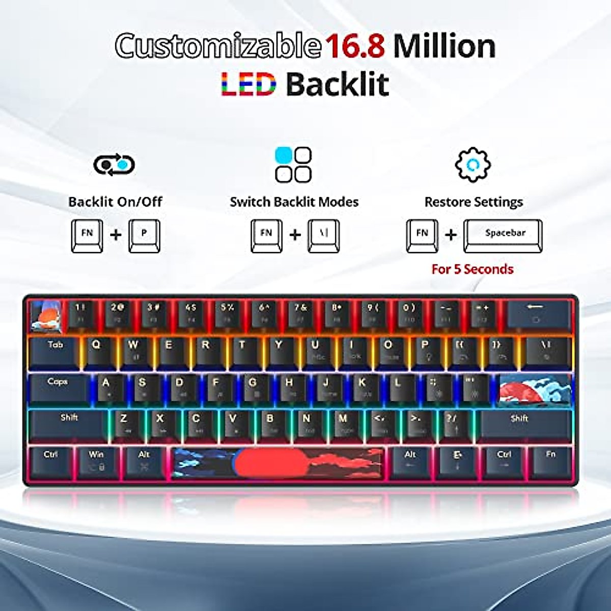Taeeiancd Gaming Keyboard 60 Percent Mechanical with Linear Red Switch, 60% Wired Ultra-Compact Mini Keyboard Rainbow with PBT Keycaps for Ps4/Ps5/Xbox
