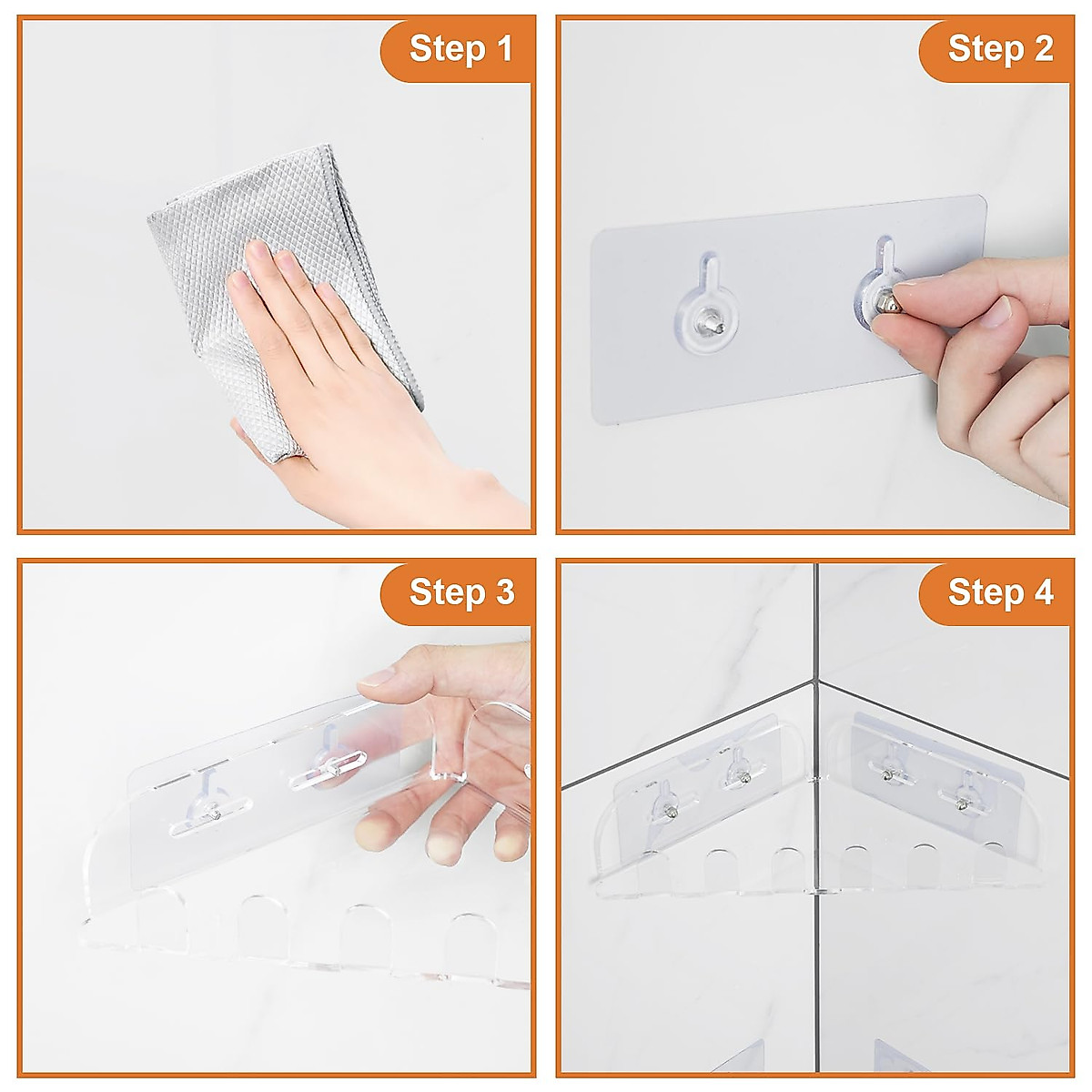 popbricks 2 Pack Acrylic Corner Shower Shelves, Clear Adhesive Shower Caddy Suction Cup for Tile Walls, Wall Mounted Bathroom Shower Shelf for Inside Shower & Kitchen Organizer Storage