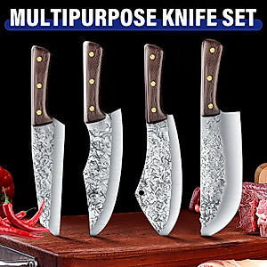DRAGON RIOT Professional Butcher Knife Set for Meat Processing, 4Pcs High Carbon Steel Hand Forged BBQ Knife Set, Chef Cleaver Knife Set for Kitchen Outdoor Cooking Father's Day Gift