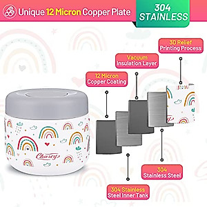 Charcy 9oz Kids Stainless Steel Vacuum Insulated Food Jar, Wide Mouth Leak-Proof Soup Thermos, Container Set for 8h Hot and 6h Cold - White Rainbow