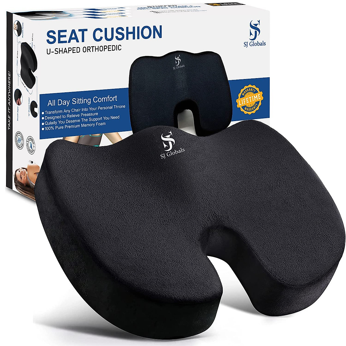 SJ GLOBALS Seat Cushion Office Chair Cushions, Car Seat Cushion, Memory Foam Coccyx Cushion for Tailbone Pain Office Chair Car Seat Cushion, Sciatica, Coccyx, Lower Back Pain Relief (Black)