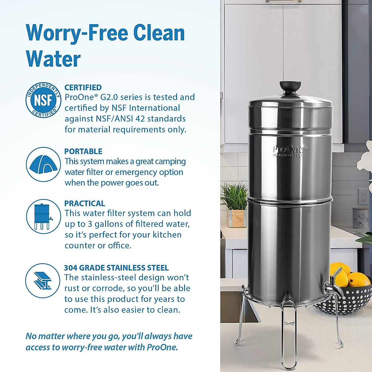 ProOne Big+ Gravity Water Filter System - High Capacity 3-Gallon Polished Stainless Steel NSF Certified Water Filter Dispenser & 2 Filters