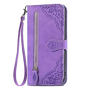 ONV Wallet Case for Oppo Realme V30 - with Zipper Wrist Strap Emboss Flower Flip Phone Case Card Slot Magnet Leather Shell Flip Stand Cover for Oppo Realme V30[SZY] -Purple