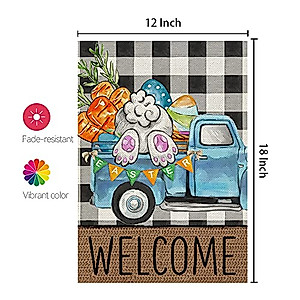 CROWNED BEAUTY Easter Truck Garden Flag Buffalo Plaid 12x18 Inch Double Sided for Outside Bunny Tail Burlap Small Welcome Yard Holiday Decoration CF707-12