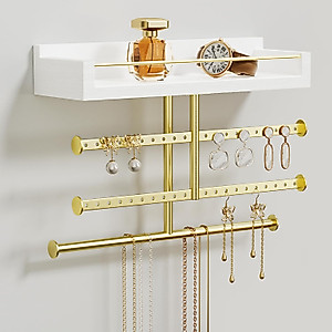 Josmimic Adhesive Wall Jewelry Organizer: 9" Holder for Hanging Necklace, Earring, Bracelet, Gold and White
