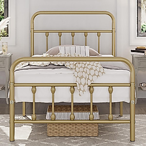 Yaheetech Classic Metal Platform Bed Frame Mattress Foundation with Victorian Style Iron-Art Headboard/Footboard/Under Bed Storage/No Box Spring Needed/Twin Size Antique Gold