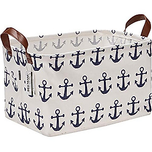 Sea Team Large Size Canvas Storage Bin Collapsible Shelf Basket Toy Organizer with Nautical Anchor Pattern, 16.5 by 11.8 inches, Navy Blue