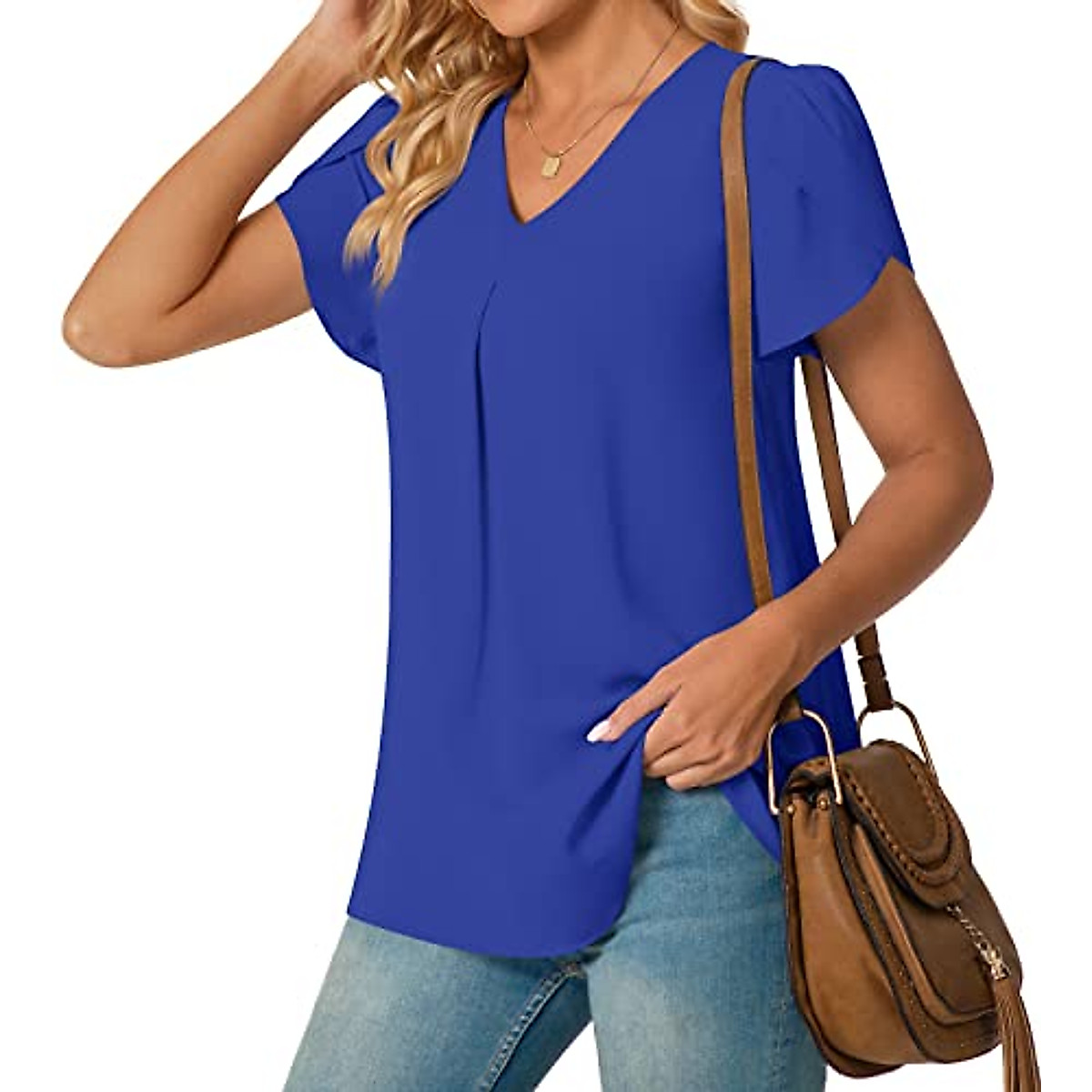 Anyally Womens Summer Dressy Chiffon Blouses V Neck Petal Short Sleeve Tunic Tops for Leggings Casual T-Shirts, L Royal Blue