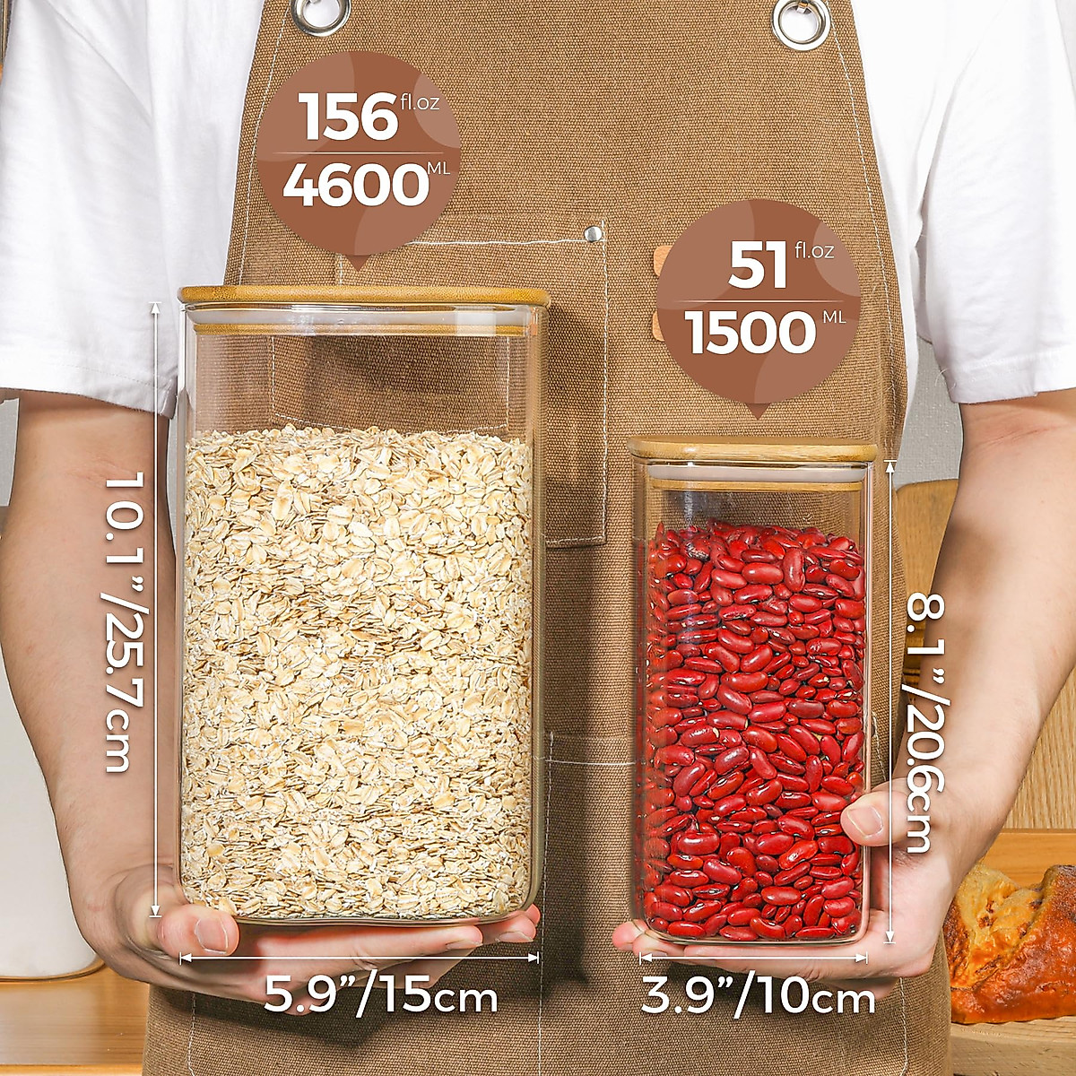 ComSaf Glass Pantry Storage Containers, 156/51 oz Large Square Flour and Sugar Containers with Airtight Lids, Gallon Glass Jars with Bamboo Lids for Rice, Pasta, Cookies, Coffee Beans