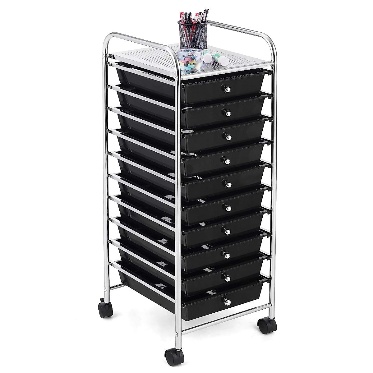 RELAX4LIFE Storage Cart W/10 Drawers,Rolling Wheels Semi-Transparent Multipurpose Mobile Rolling Drawer Cart for School, Office, Home, Beauty Salon Files Arrangement Storage Organizer Cart (Black)