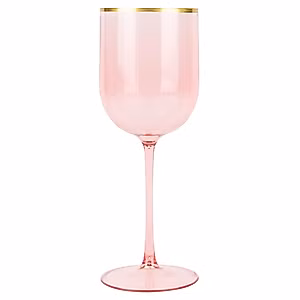 EcoQuality Translucent Plastic Pink Wine Glasses with Gold Rim - 12 oz Wine Cups with Stem, Disposable Shatterproof Wine Goblets, Reusable, Elegant Drink Cup Tumblers Weddings, Party (2 PACK)