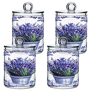 Kigai Purple Lavender Qtip Holder Dispenser with Lids 2 Pack ,Clear Plastic Apothecary Jar Containers for Vanity Makeup Organizer Storage - Bathroom Accessories Set for Cotton Swab, Ball, Pads, Floss