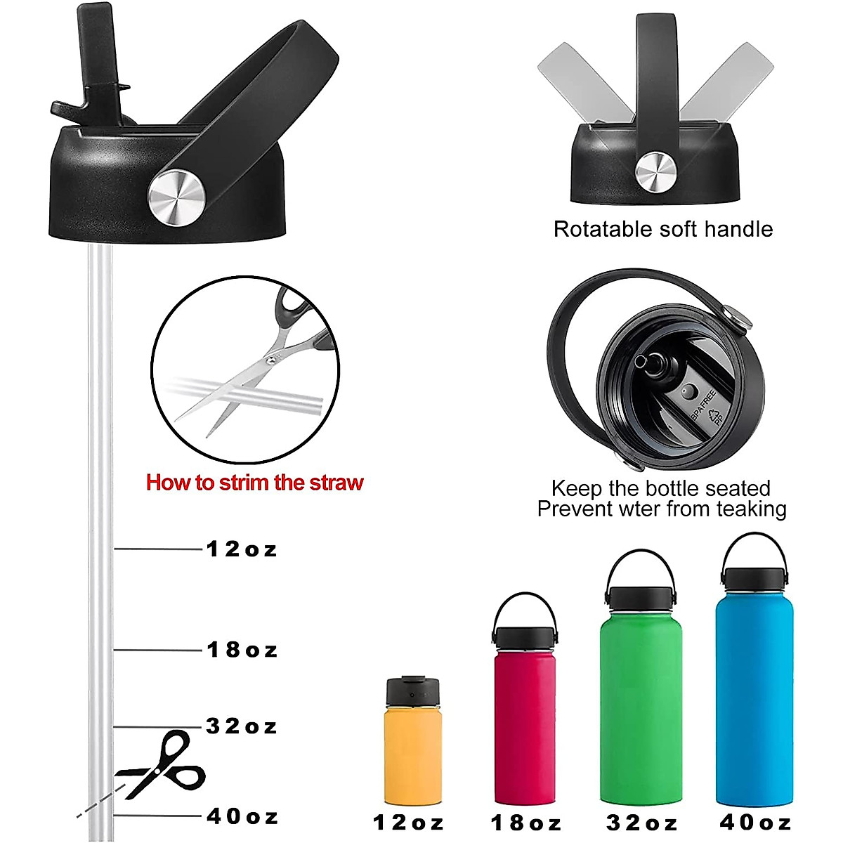 Hydroflask Lids with Straw 32 oz 40 oz Compatible with Hydro Flask Wide Mouth 64 oz Water Bottle, Cap Replacement with Straws, Hydro Flex Handle Top, Flask Water Bottle Accessories(Black 2 Pack)