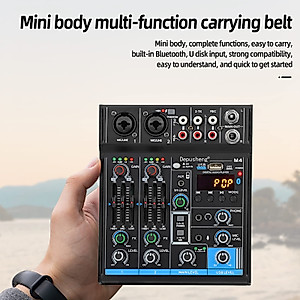 Depusheng M4 Portable Mini Mixer 4-Channel Audio Mixer DJ Console with Sound Card, Bluetooth Function, USB, 48V Phantom Power for PC Recording Webcast Party