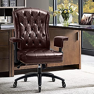 YAMASORO High Back Ergonomic Executive Office Chair with Wheels and Arms, Tufted Back & Nailhead Trim, Home Office Desk Chairs for Home & Office, Faux Leather Swivel Work Chair,Brown