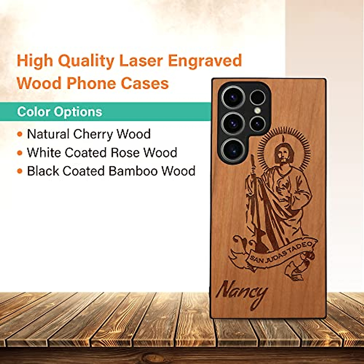 San Judas Tadeo -Custom Wood Phone Case for Samsung Phones With FREE Tempered Glass - Eco Friendly Case with Screen Protector for Samsung S23/S23+/S22+/S22 Ultra,S21/S21+/S21 Ultra Engraved Phone Case