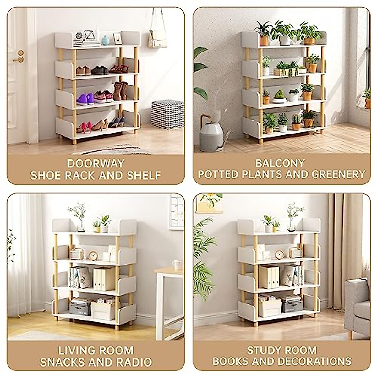 4-Tier Wooden Bookcase,White Bookshelf,Modern Open Bookshelf,Wood Storage Shelves Display Stand with Top Edge and Solid Wood Frame for Living Room,Bedroom,Home Office