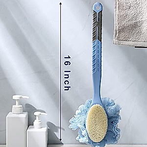 Back Scrubber Brush,TEGOOL Body Bath Shower Brush with Bristles and Loofah/Mesh Sponge,16 Inches Long Handle Built-in TPR Material Non-Slip for Exfoliating Massage Men and Women(Blue)
