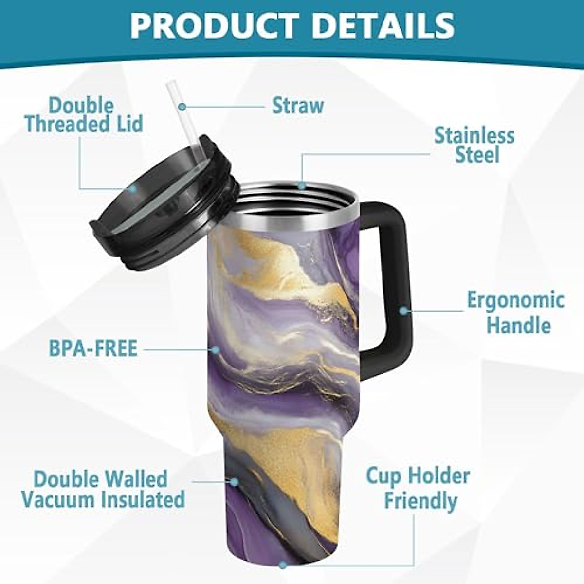SEHANY Purple Marble 40 Oz Tumbler with Lid and Straw, Double Vacuum Stainless Steel Insulated Sports Water Bottle Cup Holder Friendly Leak-Proof Travel Coffee Cup for Iced Drink