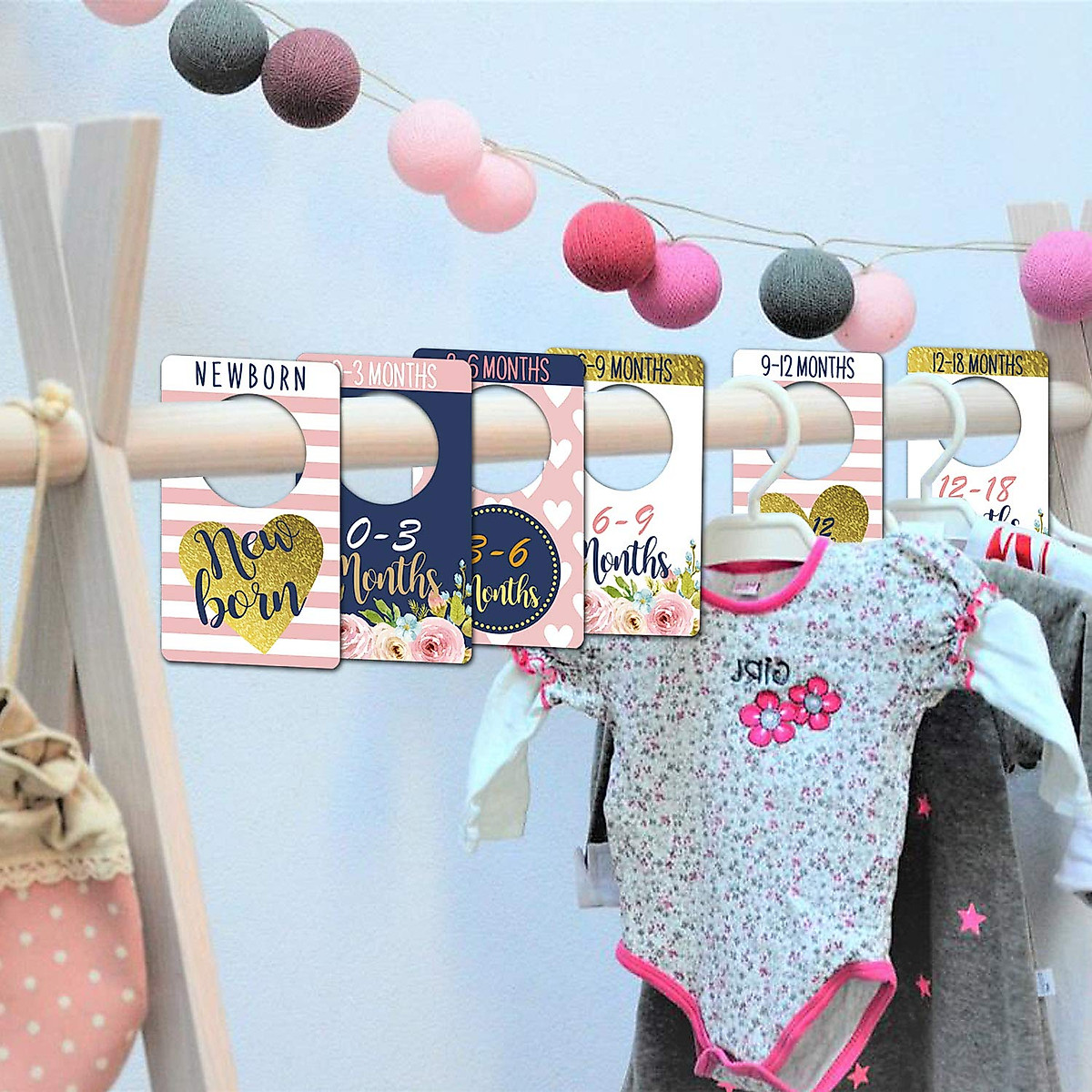 Baby Closet Size Dividers, Pink Floral Baby Closet Organizer for Girl, Newborn Wardrobe Divider Hangers to Arrange Clothes with Separator by Size or Age, Baby Shower, 0-24 Months