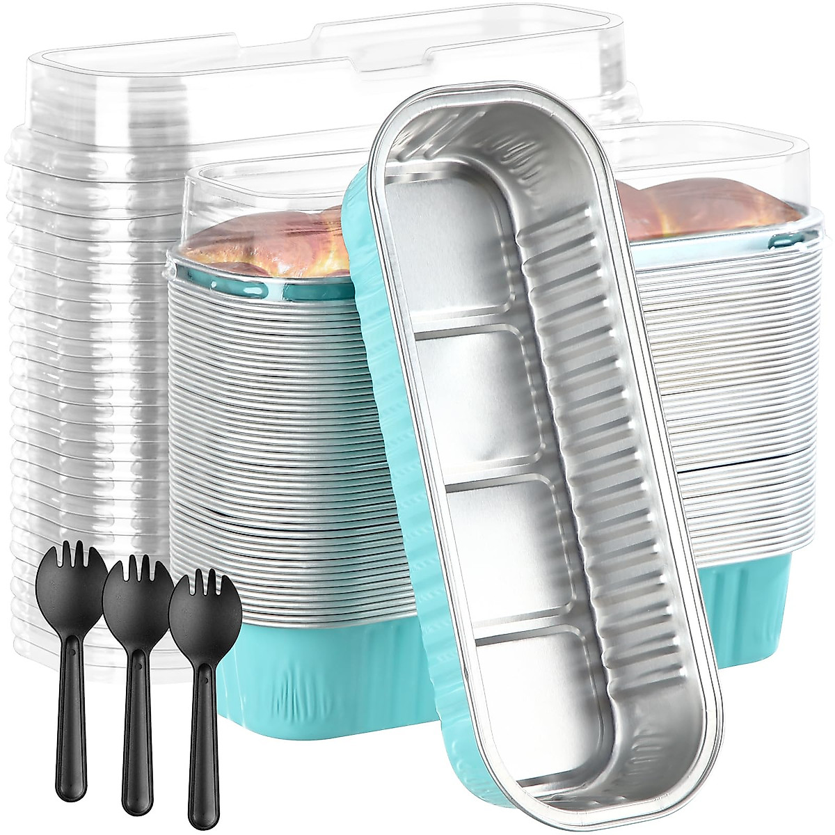 Tanlade 100 Pack Mini Loaf Pans with Lids 6.8 Oz Aluminum Foil Disposable Baking Pans Rectangle Cake Pans Muffin Tins Brownie Pan with Spoons for Cupcake Dessert Loaf Ramekin, Blue