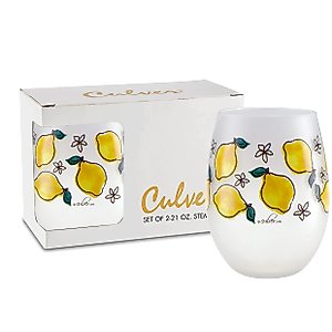 Culver Everyday Decorated Frosted Stemless Wine Glass, 21-Ounce, Gift Boxed Set of 2 (All Over Lemons)