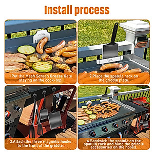 RUSFOL 3-in-1 Stainless Steel Griddle Spatula Holder with Mesh Screen Grease Gate and 3 Magnetic Hooks for 28"/36" Blackstone Griddles, Flat Top Griddle BBQ Accessories, Free from Drill&Easy Install