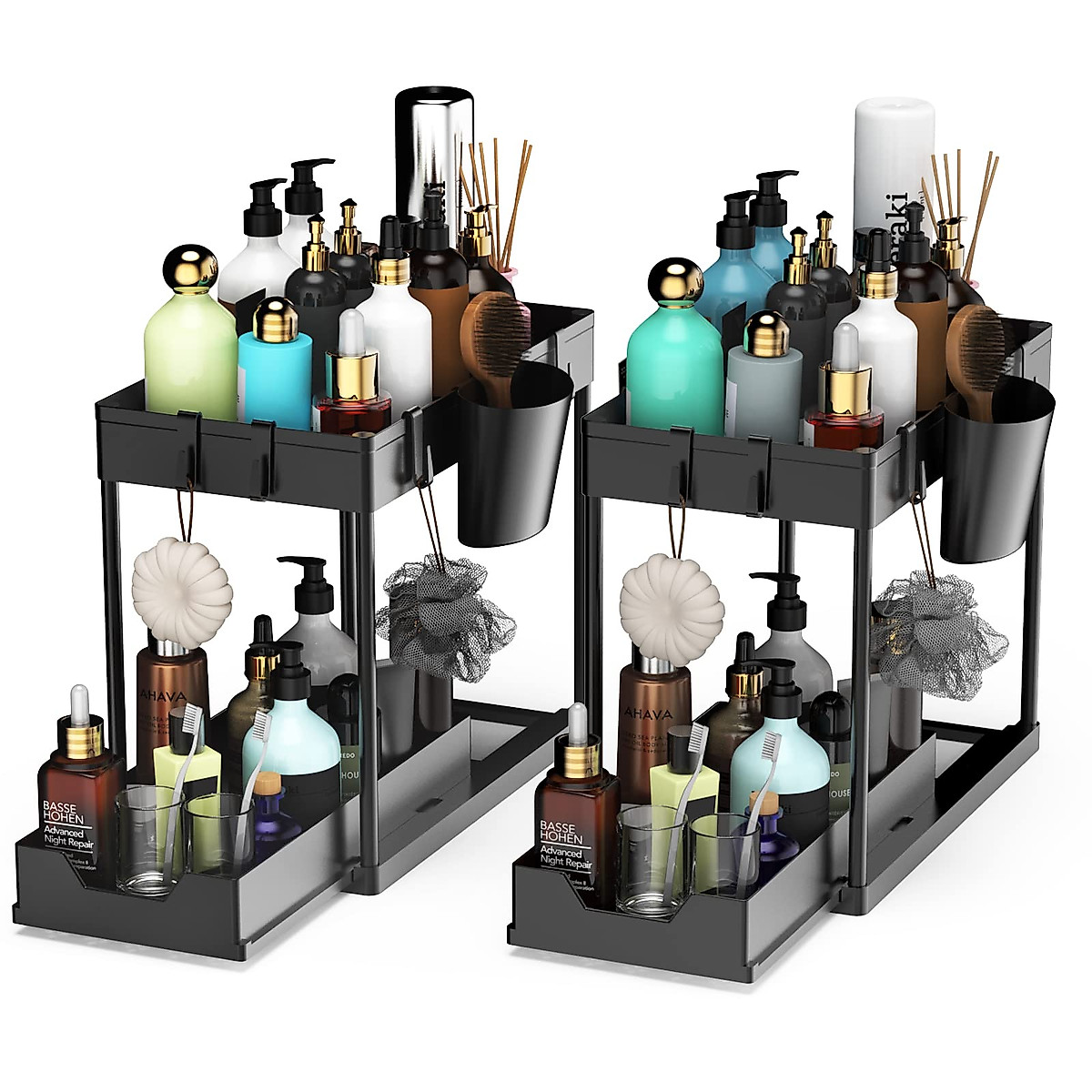 Bugdaben Under Sink Organizer - 2 Tier Sliding Under Cabinet Organizer with Dividers, Hooks and Hanging Cup, Multi-purpose Under Sink Organizers and Storage for Bathroom & Kitchen, 2 Pack