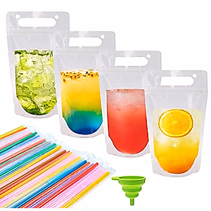 100 Pcs Drink Pouches for Adults, Reusable Drink Pouches with Straws Funnel, Hand-held Juice Pouches for Adults Smoothie Pouches for Birthday, Cool Summer Party