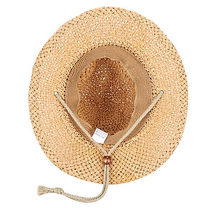 Straw Cowboy Hat Wide Brim Sun Cowgirl Summer Panama with Chin Strap Men Women Sombrero Travel Outdoor Family Khaki, One Size