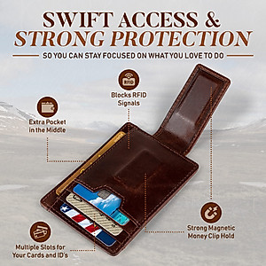 BULL GUARD Leather Magnetic Money Clip Wallet for Men with RFID Blocking Anti-Theft Protection, Durable Slim Front Pocket Card Case with ID Window