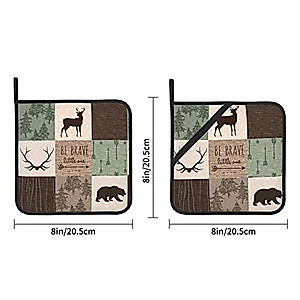 Farmhouse Rustic Bear Deer Elk Moose Green Pot Holders for Kitchen,Heat Resistant Pot Holders Sets Oven Hot Pads Terry Cloth Pot Holders for Cooking Baking 2Pcs