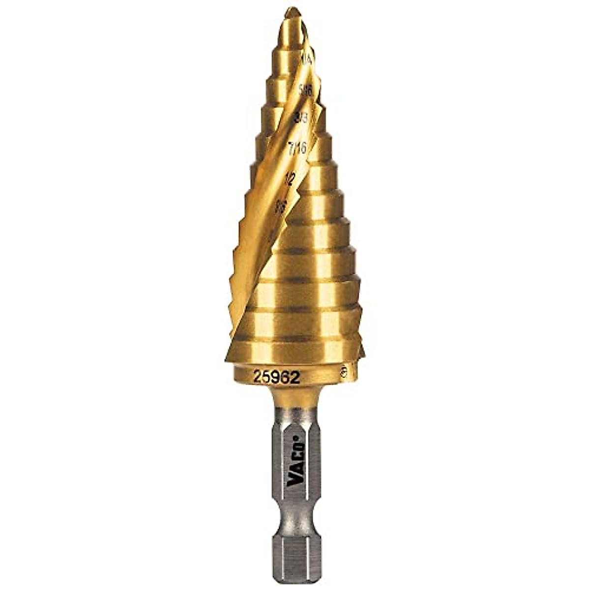 Klein Tools 25962 Step Drill Bit, 3/16 to 7/8-Inch, Spiral Double-Fluted, Cuts Thin Metal, Plastic, Aluminum, Wood, 1/4-Inch Hex Shank, VACO