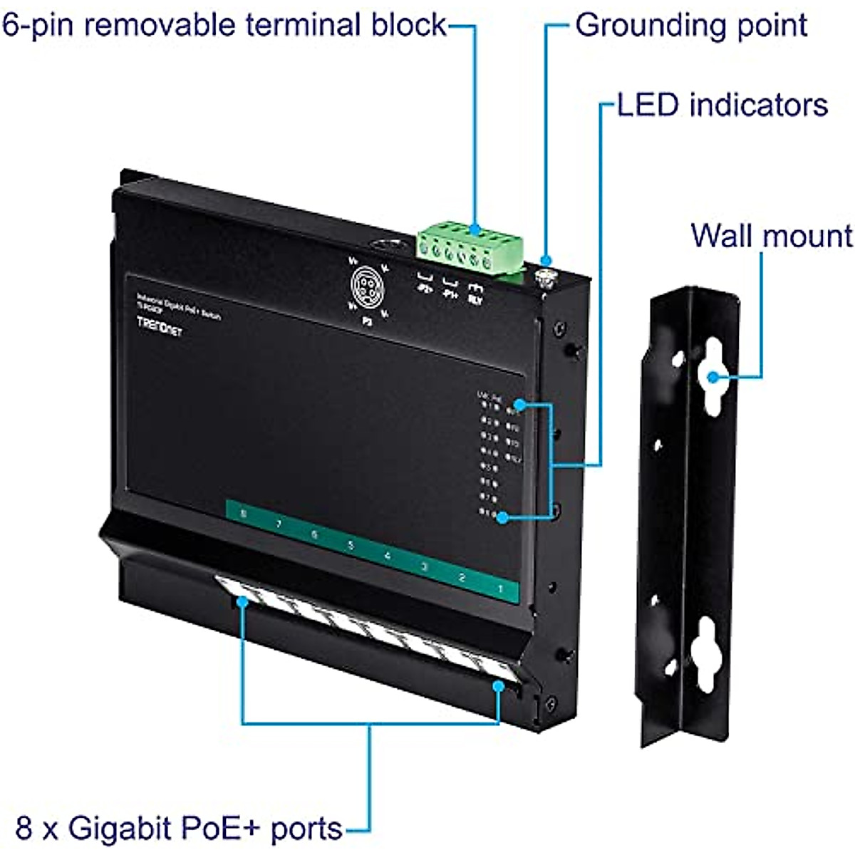 TRENDnet 8-Port Industrial Gigabit Poe+ Wall-Mounted Front Access Switch, TI-PG80F, 8X Gigabit Poe+ Ports, DIN-Rail Mount, 48 –57V DC Power Input, IP30, 200W Poe Budget, Lifetime Protection
