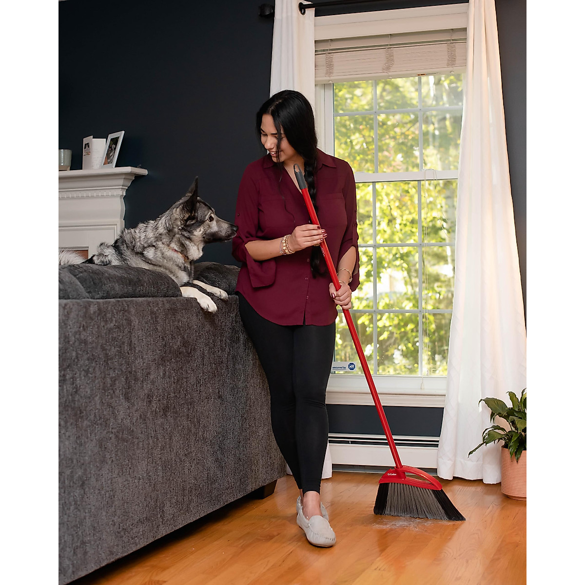 O-Cedar Pet Pro Broom & Step-On Dustpan PowerCorner, Red