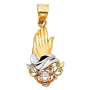14k REAL Tri Color Gold Religious Praying Hands CZ Charm Pendant