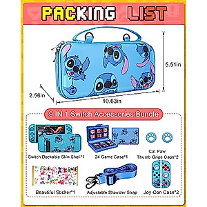 Xinocy for Nintendo Switch 9 in 1 Storage Accessories Kit with Travel Carrying Case+Switch Protective Cover+Game Case Holder+Strap+Sticker+2 Joycon Shells+2 Thumb Caps Cute for Boys Kids Girls -Stit