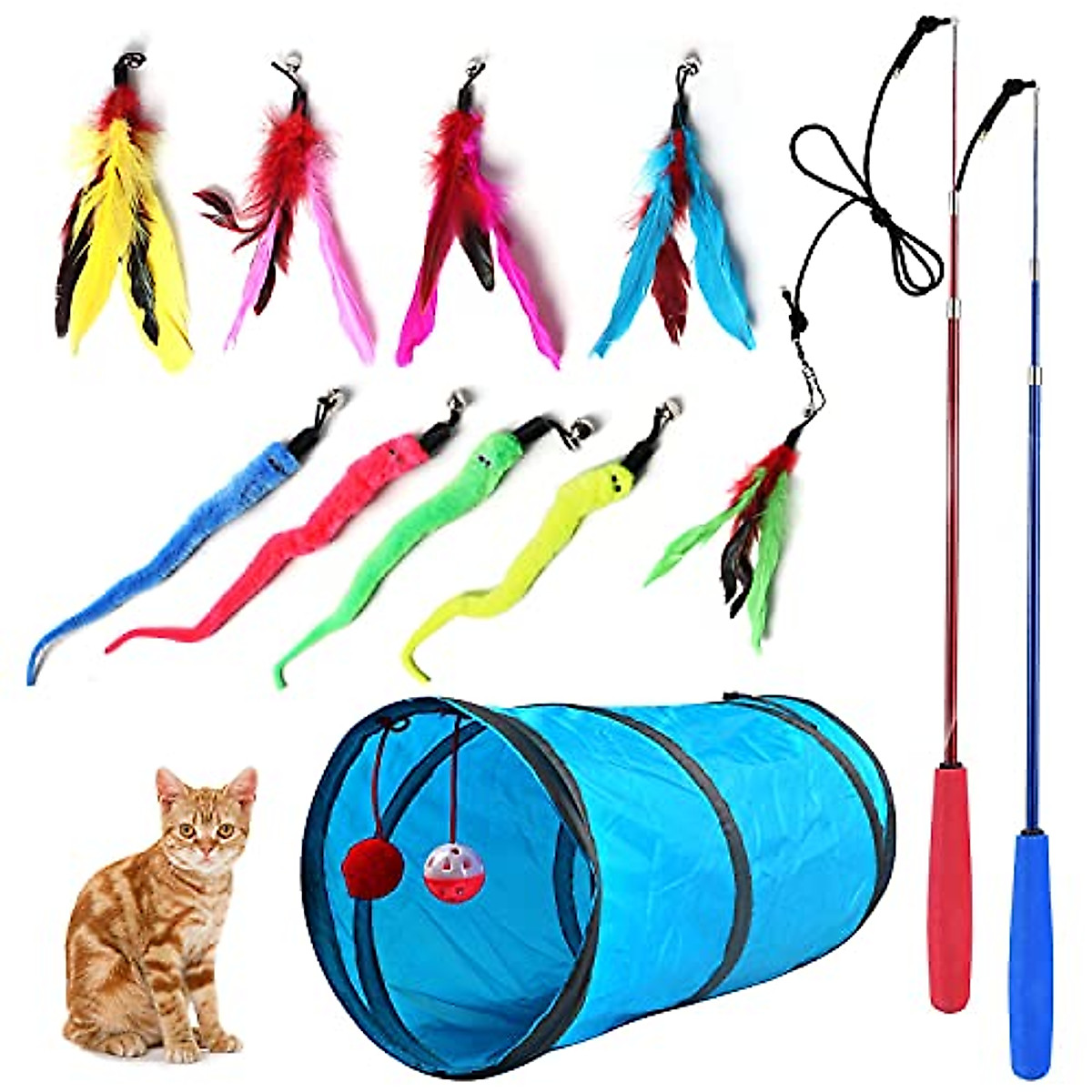 Interactive Cat Toys for Indoor Cats,Retractable Cat Toy Wand,12 Packs Cat Feather Toys and Replacement, 9 Assorted cat Teaser Refills with Bell for Cat Kitten, Cat Fishing Pole Toys for Cat Kitten