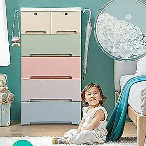 Nightstand Bedside Table Drawer Cabinet Macaron Plastic Drawers Dresser Storage Cabinet W/ 6 Drawers Closet Organizer Modern and Elegant Look Storage Tower Dresser