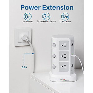 Power Strip Tower by KOOSLA, [15A 1500J] Surge Protector - 12 AC Multiple Outlets and 6 USB Ports, Flat Plug 14 AWG Heavy-Duty Extension Cord 6.5ft, Home Office Supplies, Dorm Room Essentials White