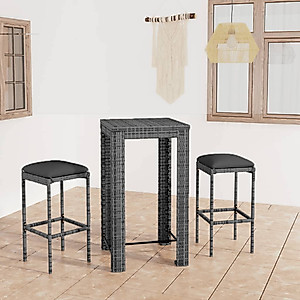 YUHI-HQYD 3 Piece Patio Bar Set with Cushions,Balcony Furniture,Bistro Set,Conversation Furniture,Perfect for Patio, Garden, Porch, or Front Yard Area, Poly Rattan Gray