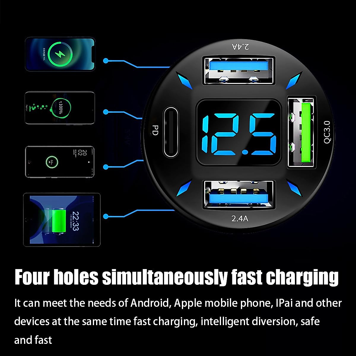 Ankuee 4 Ports USB Car Charger, 66W Super Fast Charging with QC 3.0, PD 20W and USB 2.4A Charger Adapter, Quick Charge with LED Voltmeter, Auto Cigarette Lighter Plug (PD20W+QC3.0+2.4A, 2PCS)