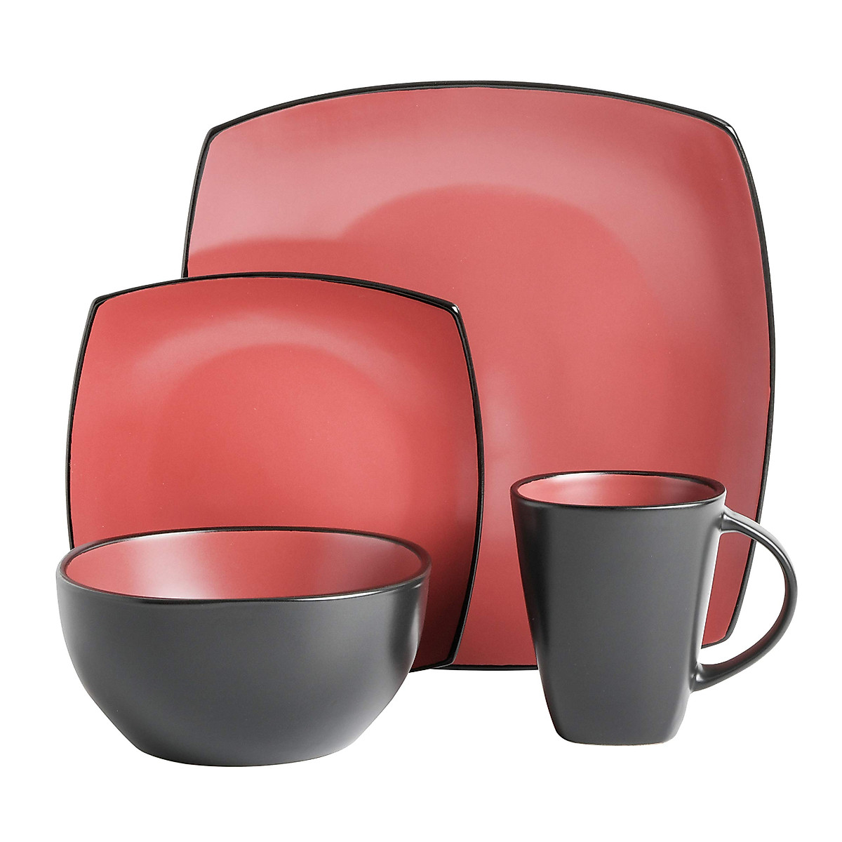 Gibson Soho Lounge Square Reactive Glaze Stoneware Dinnerware Set, Service for 4 (16pc), Matte Red