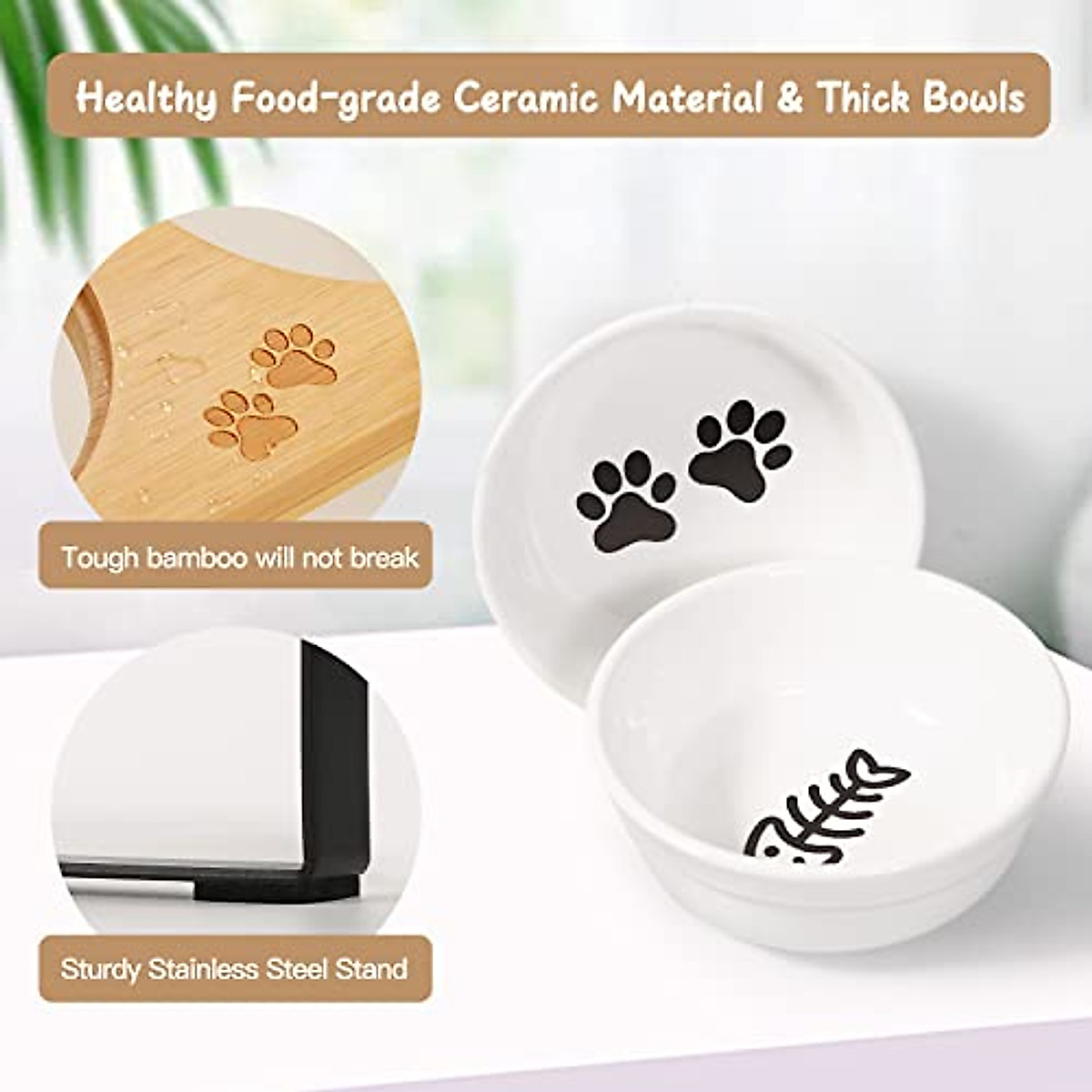 Ceramic Elevated Cat Bowls, 15° Tilted Raised Cat Food Bowls for Food and Water, Indoor Cat Dishes with Bamboo Stand Anti Vomiting for Cats and Puppy, Pet Bowl Set with Anti Slip Feet, Dishwasher Safe